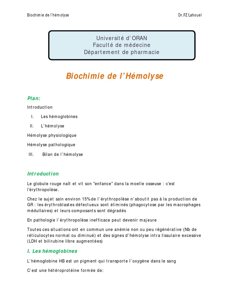 Biochimie de L'hemolyse PDF | PDF | Anémie | Hémoglobine