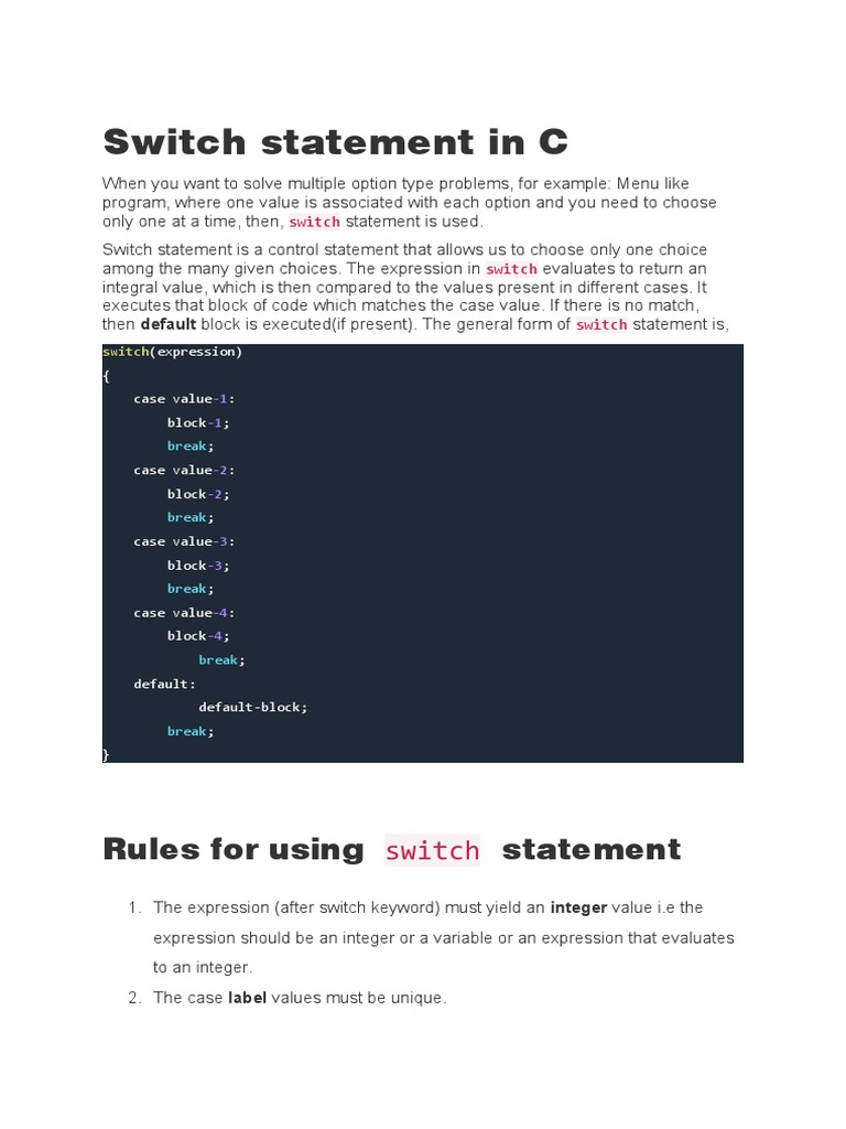 Switch Statement in C: Rules For Using Statement | PDF | Software ...