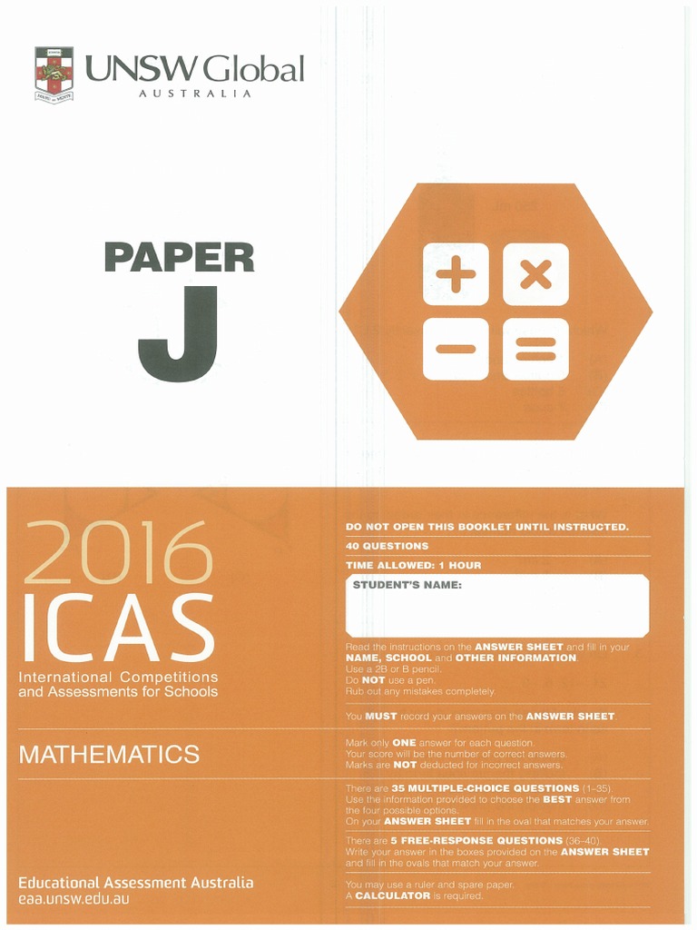 ICAS Maths Paper J NZ Year13 2016 - With - Answer | PDF