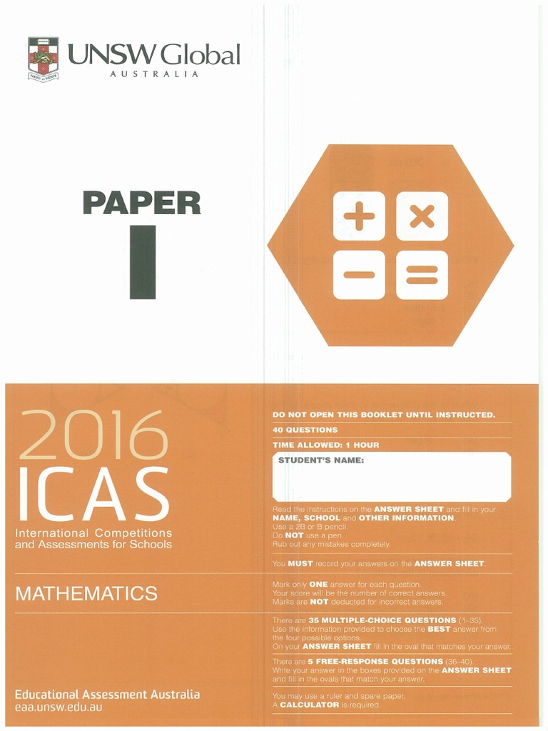 ICAS Maths Paper I NZ Year12 2016 - With - Answer | PDF