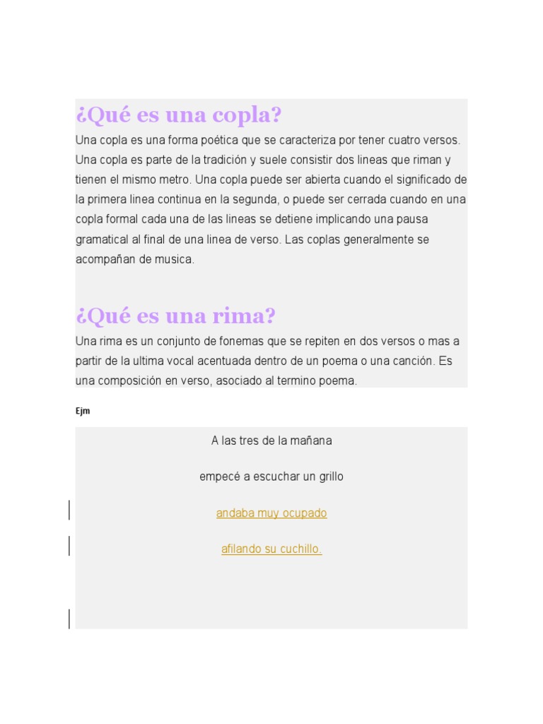 Definición y ejemplos de copla y rima | PDF