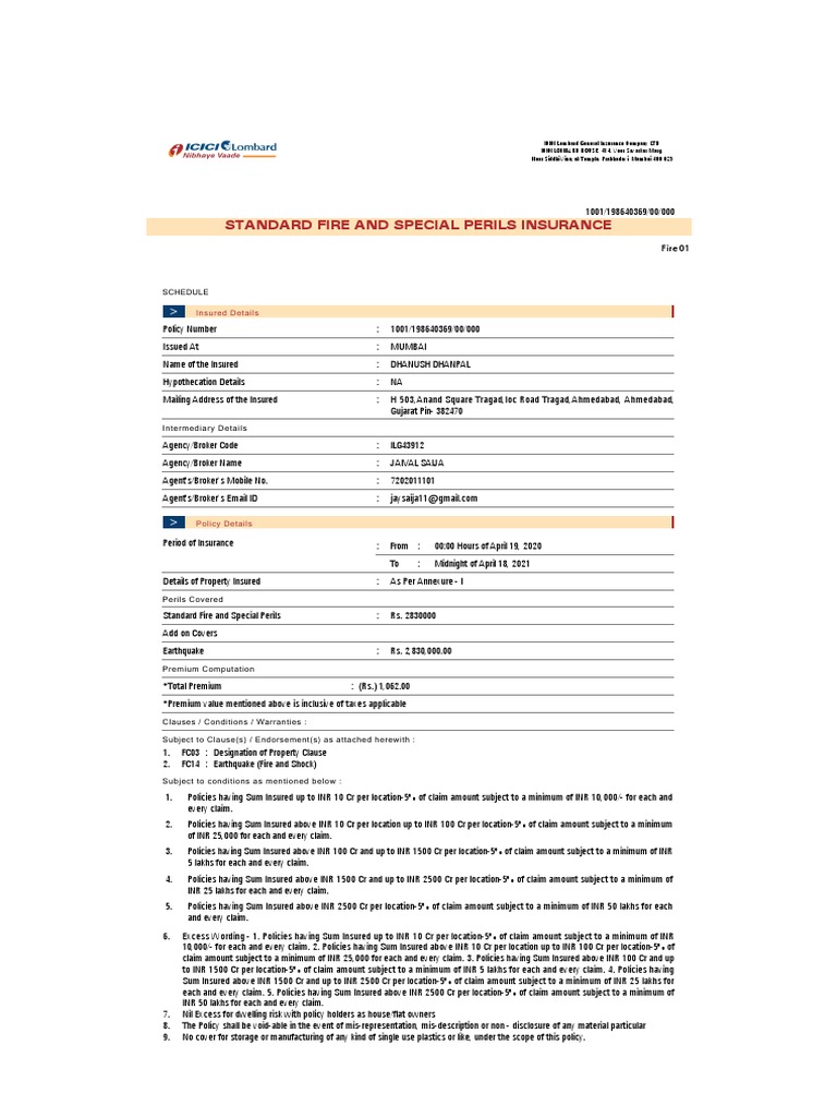 Standard Fire and Special Perils Insurance: Schedule | PDF | Insurance ...