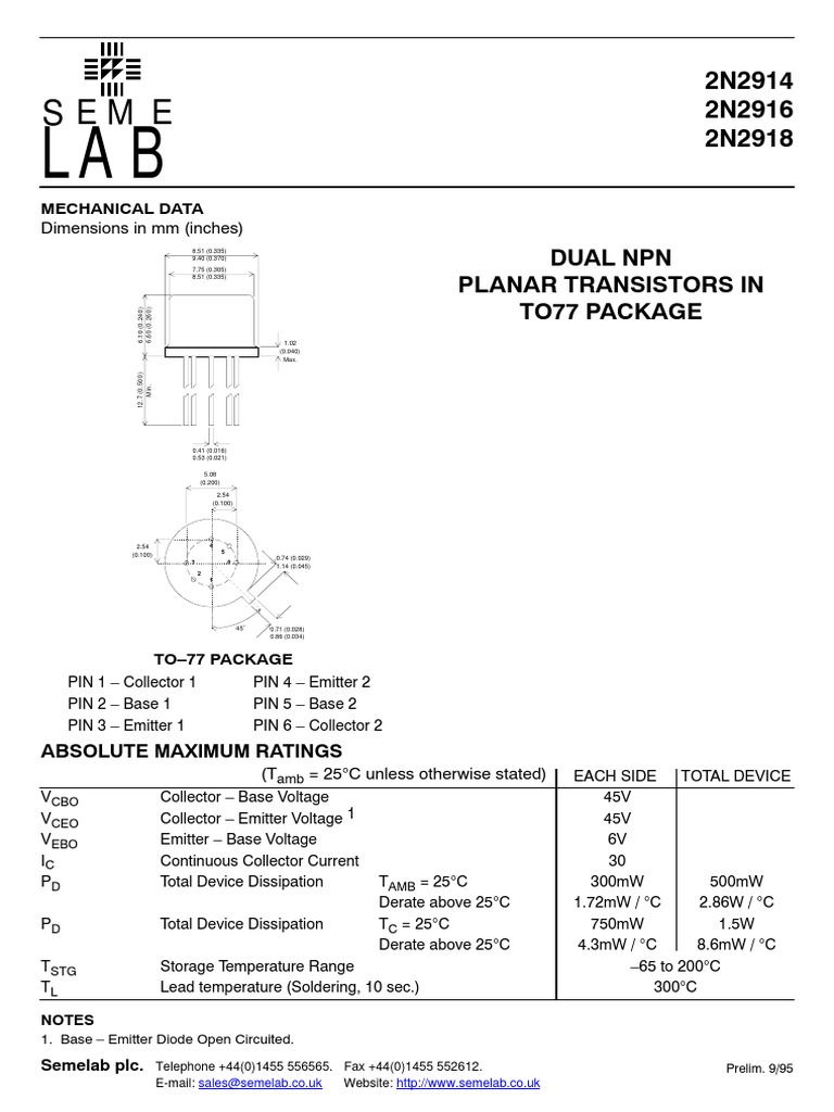Dual NPN Planar Transistors in To77 Package: Mechanical Data | PDF ...