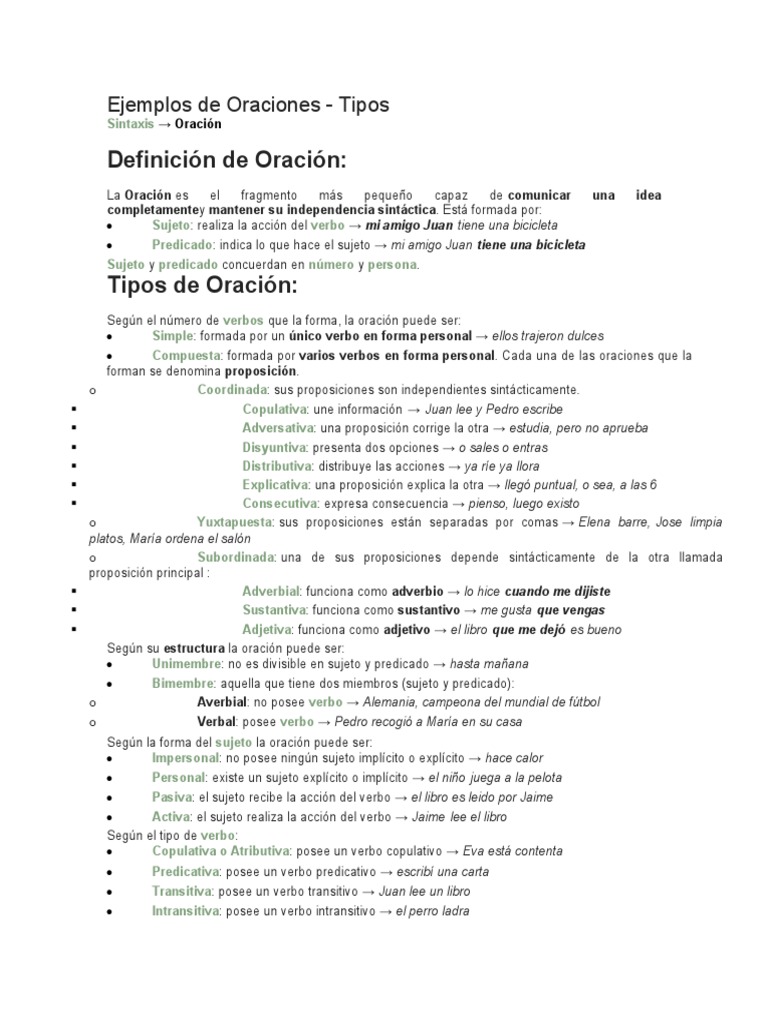 Ejemplos de Oraciones | PDF | Oración (Lingüística) | Verbo