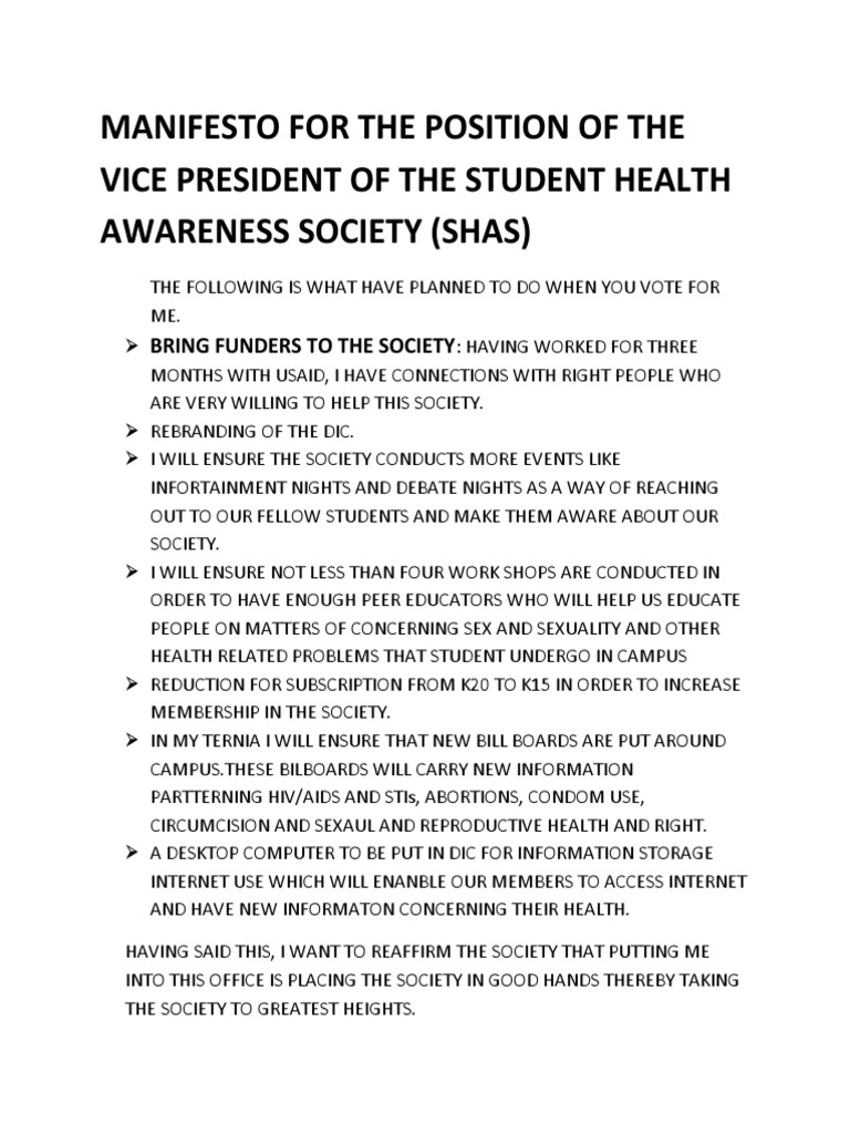 Manifesto For The Position of The Vice President of The Student Health ...