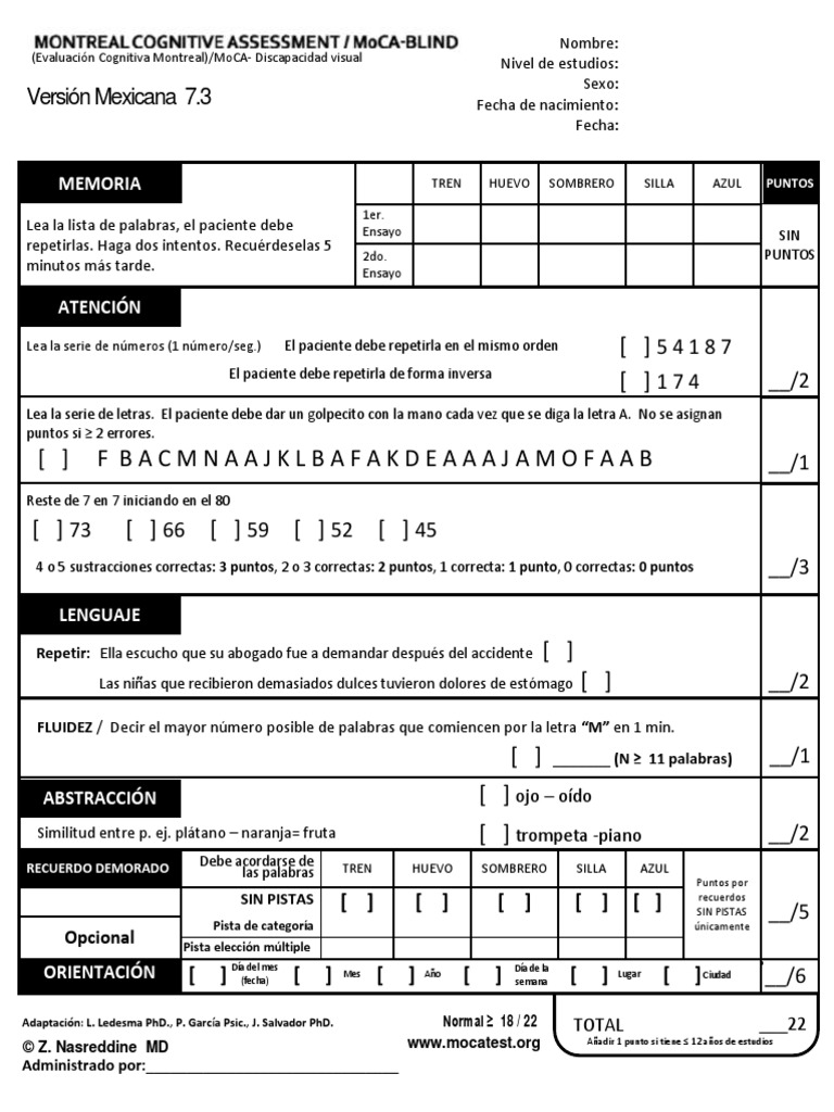 MoCA Test Spanish - 7.3BLIND PDF | PDF | Cognición | Ciencia cognitiva