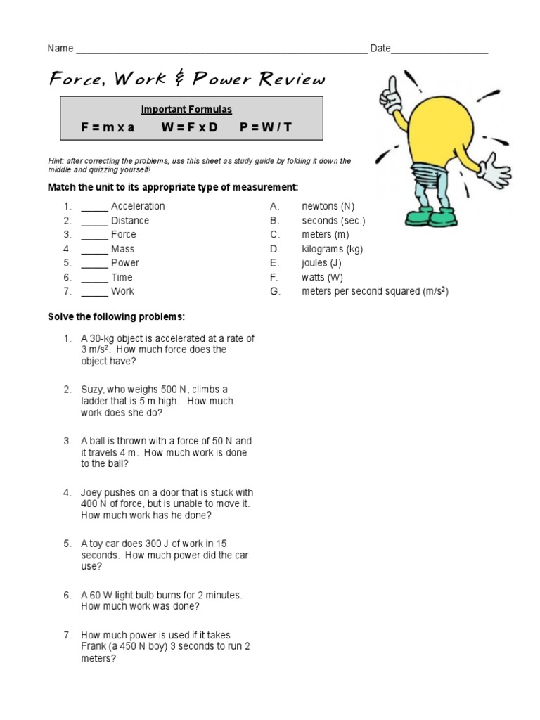 Force, Work & Power Review: F Mxa W FXD P W / T | PDF