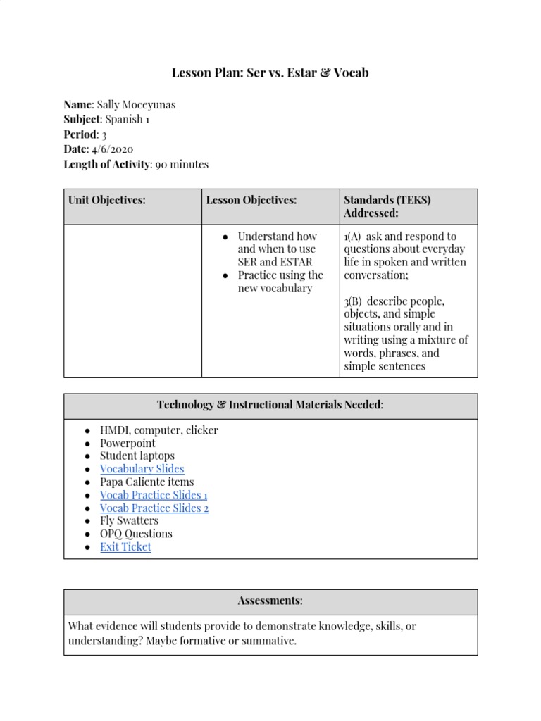 Lesson Plan: Ser vs. Estar & Vocab | PDF | Vocabulary | Communication
