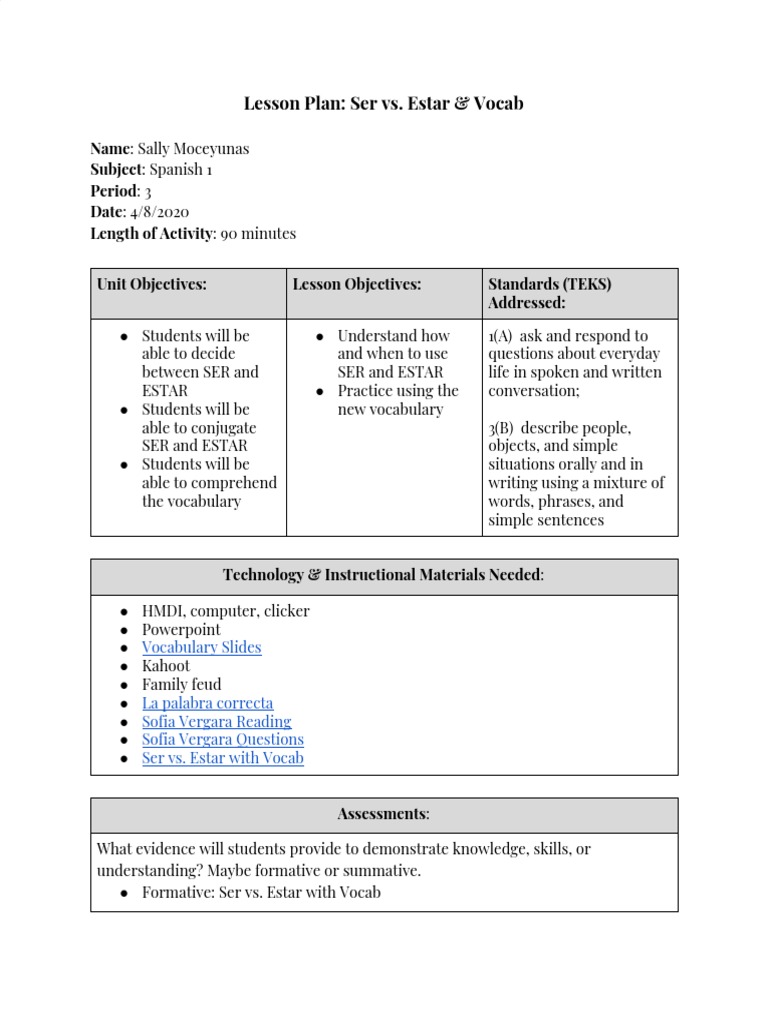 Ser vs. Estar Lesson Plan | PDF | Vocabulary | Reading Comprehension