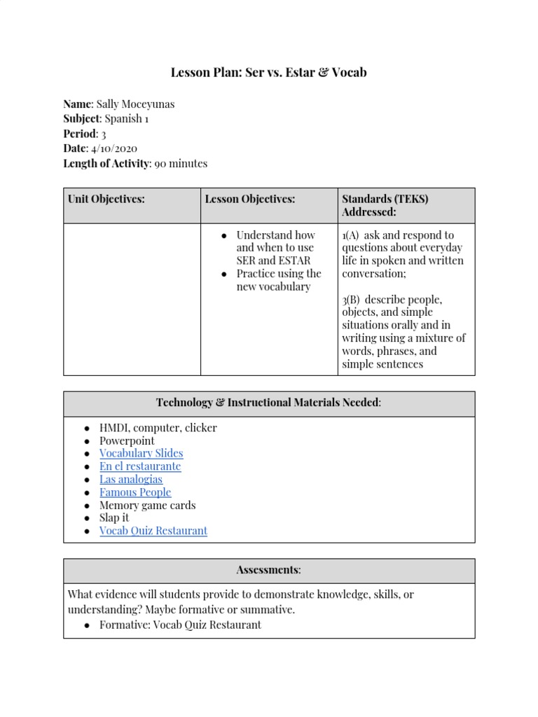 Ser vs. Estar Lesson Plan for Spanish 1 | PDF | Vocabulary | Semiotics