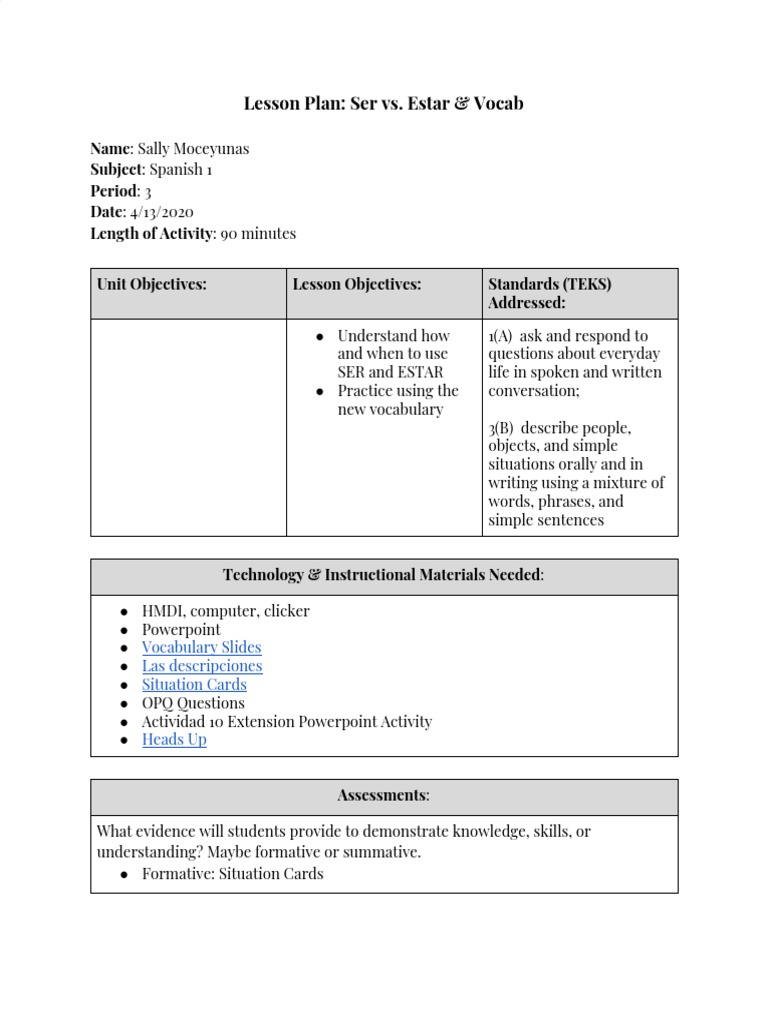 Spanish 1: Ser vs. Estar Lesson Plan | PDF | Microsoft Power Point ...