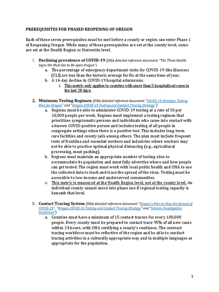 Oregon Phase 1 Reopening Prerequisites | PDF | Hospital | Oregon
