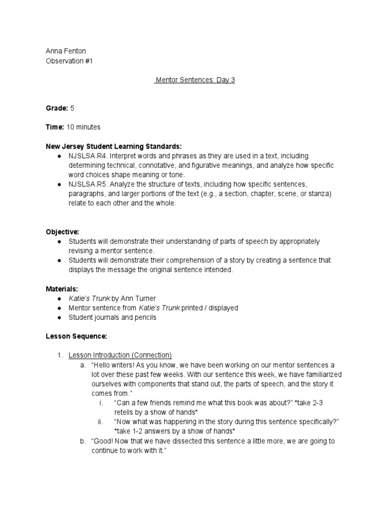 Observation 1 - Lesson Plan | PDF | Sentence (Linguistics) | Part Of Speech