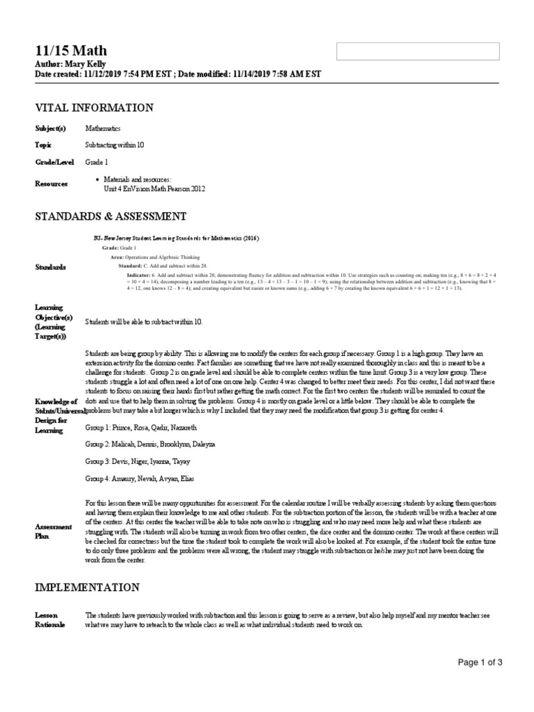 11 15 Math | PDF | Subtraction | Teachers