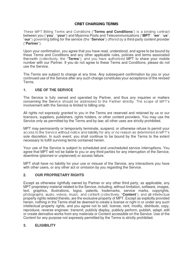 CRBT Charging Terms: 1. Use of The Service | PDF