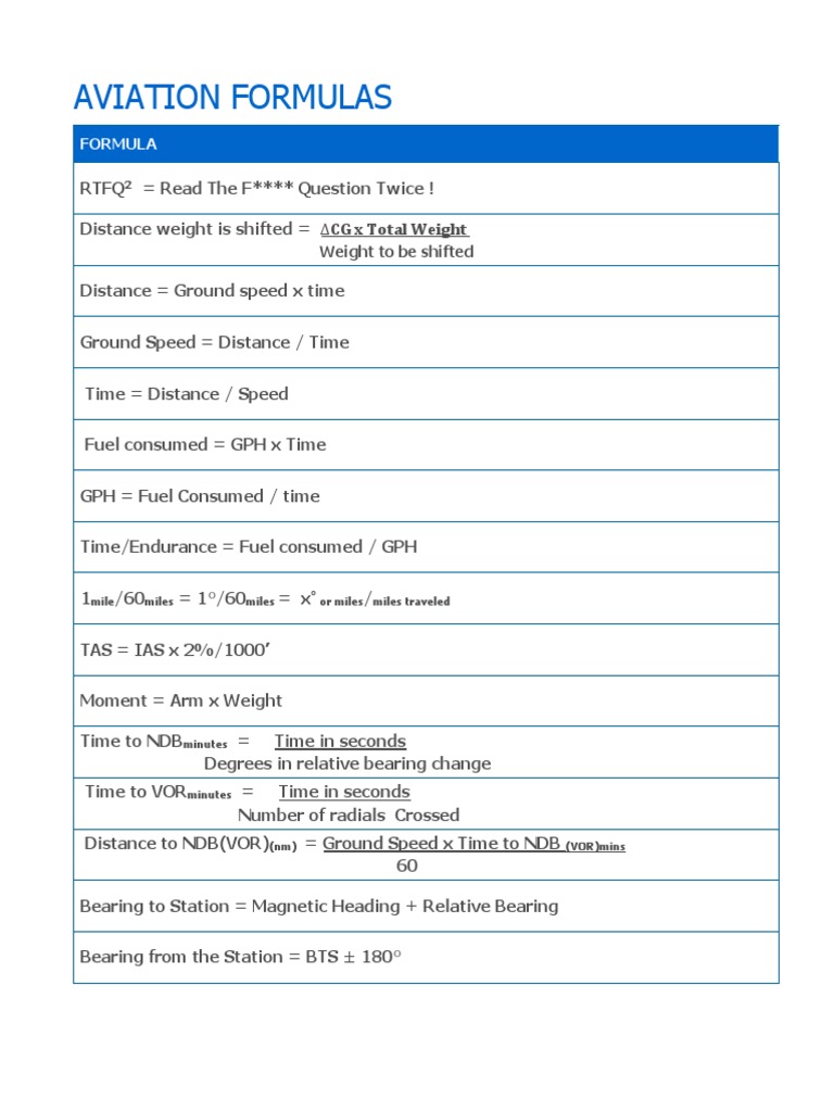 Essential Aviation Calculation Formulas | PDF