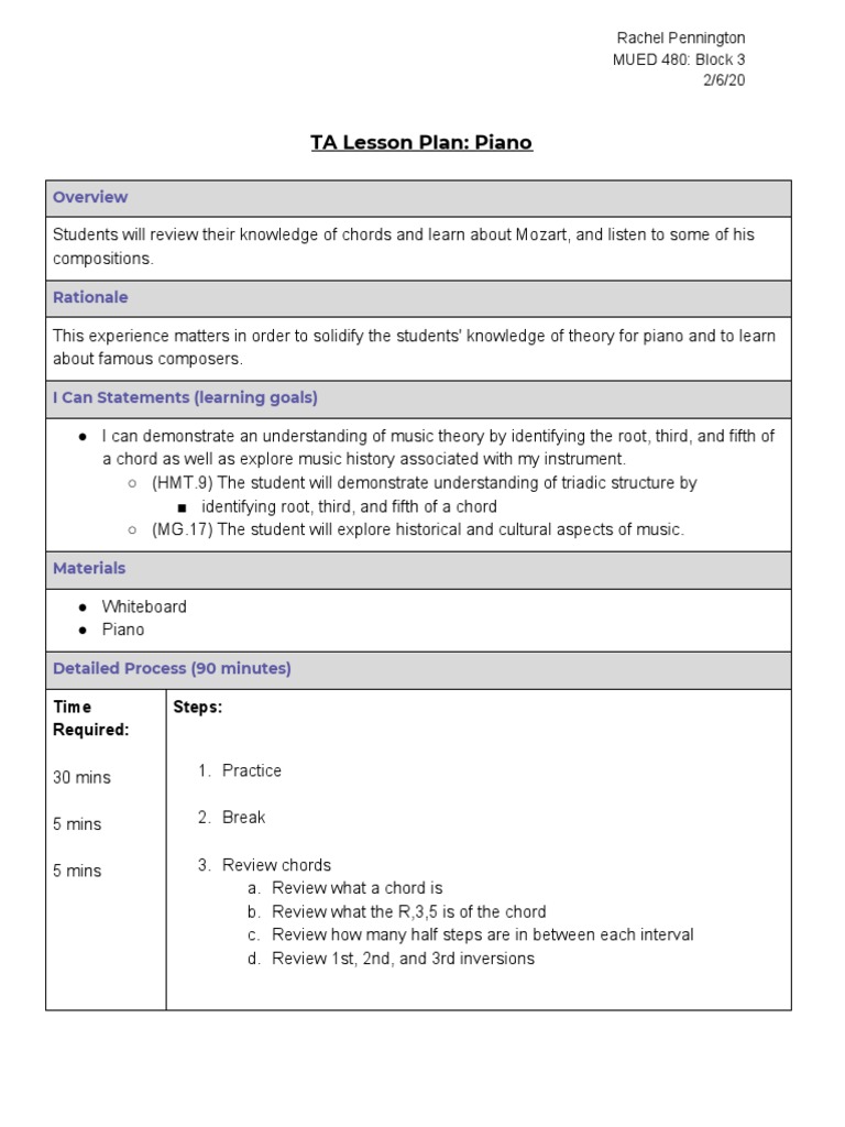 TA Lesson Plan: Piano: Time Required: Steps | PDF