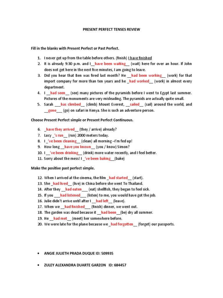 Present Perfect Tenses Review Activity... | PDF