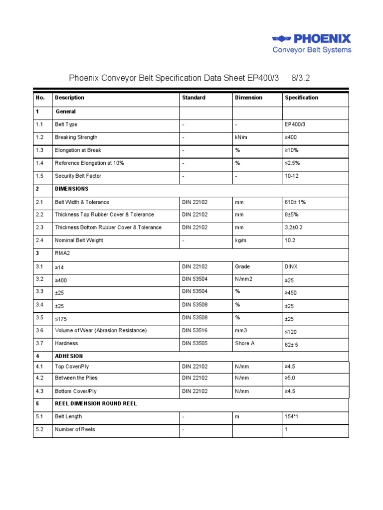 EP Belt Data Sheet From Phoenix EP400-3 8+3.2mm - 190304 | PDF