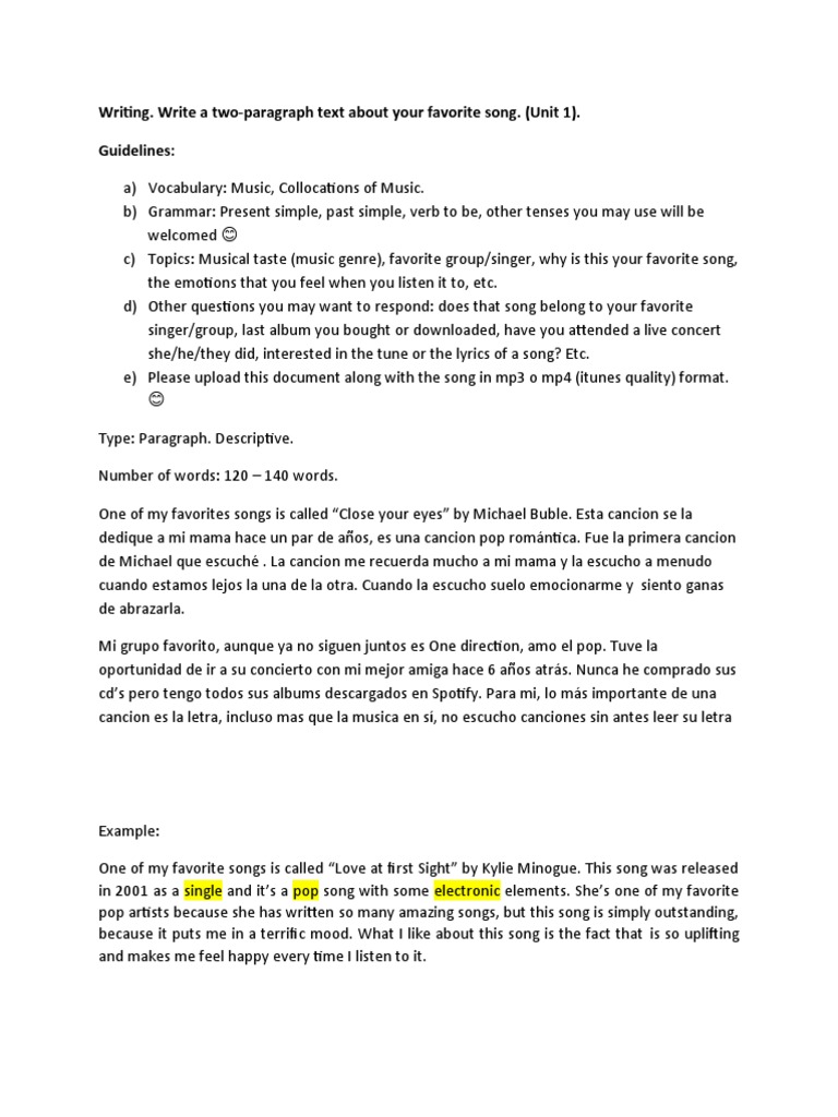 Writing. Write A Two-Paragraph Text About Your Favorite Song. (Unit 1 ...