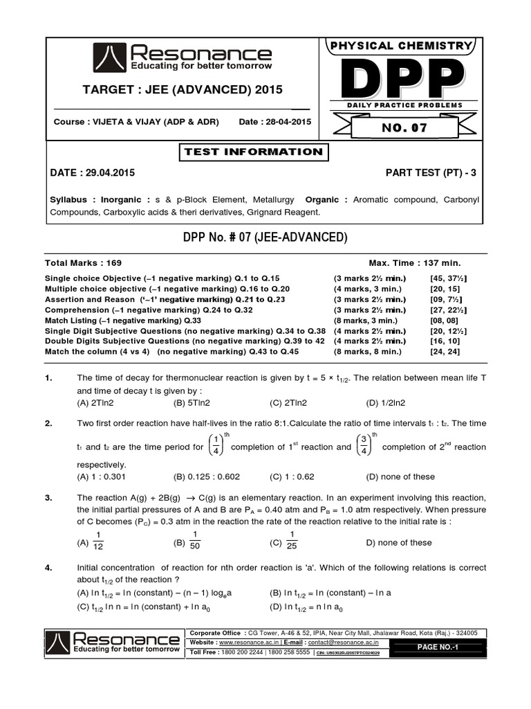 Chemistry DPP | PDF | Radioactive Decay | Chemical Equilibrium
