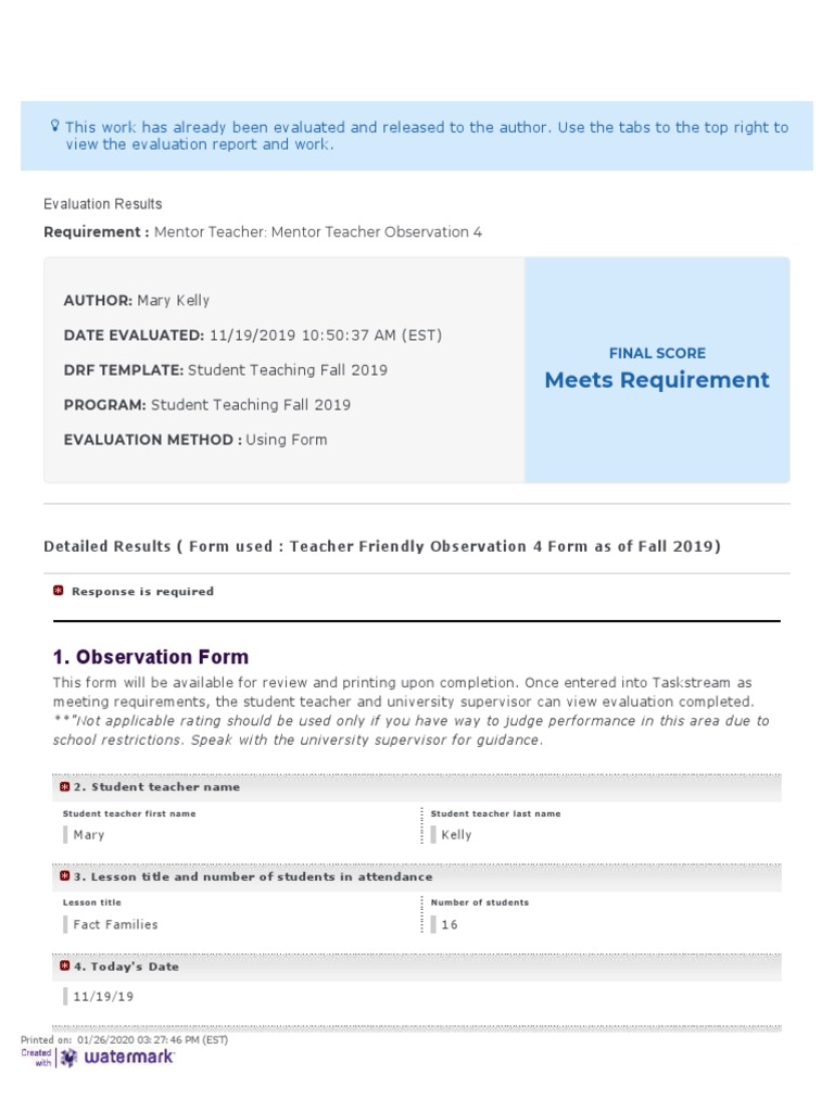 Mentor Teacher Evaluation for Mary Kelly | PDF | Classroom | Teachers