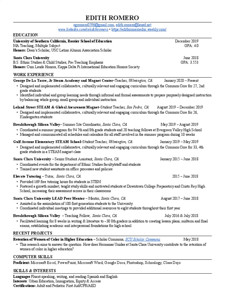 Edith Romero Resume | PDF | Common Core State Standards Initiative | University Of Southern ...
