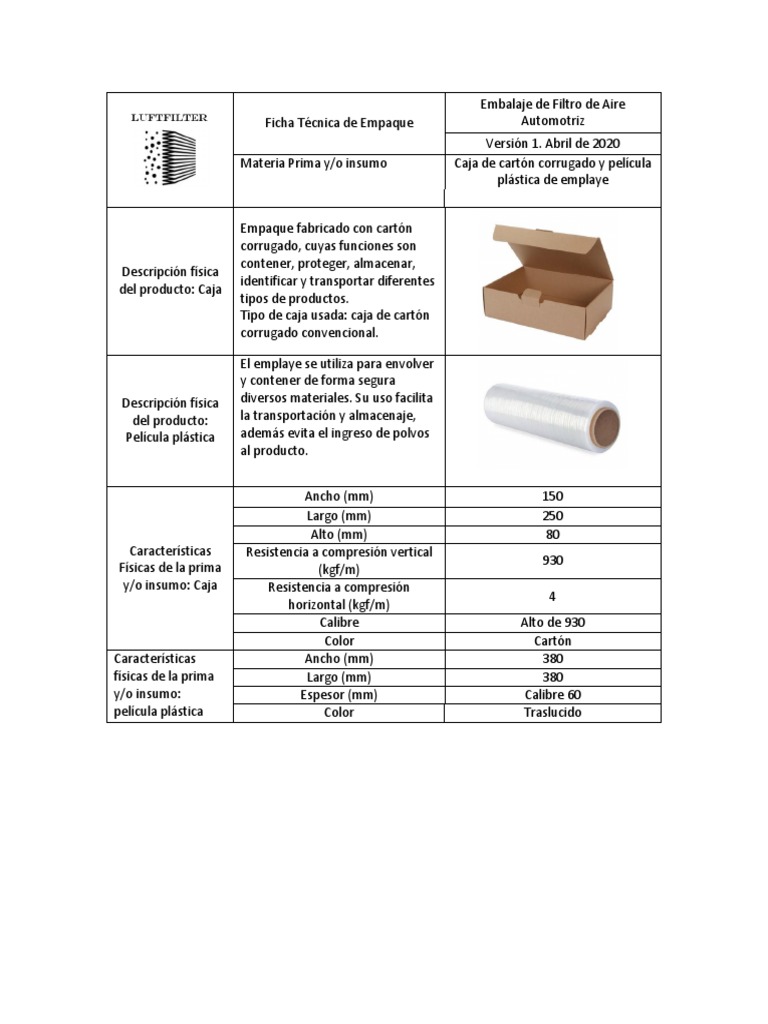 Embalaje De Filtros De Aire Automotriz Ficha Técnica De Empaque Pdf