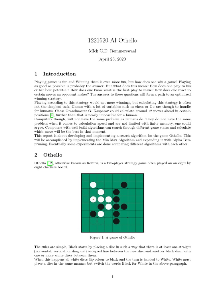 AI Othello: Mick G.D. Remmerswaal April 23, 2020 | PDF | Mathematical ...