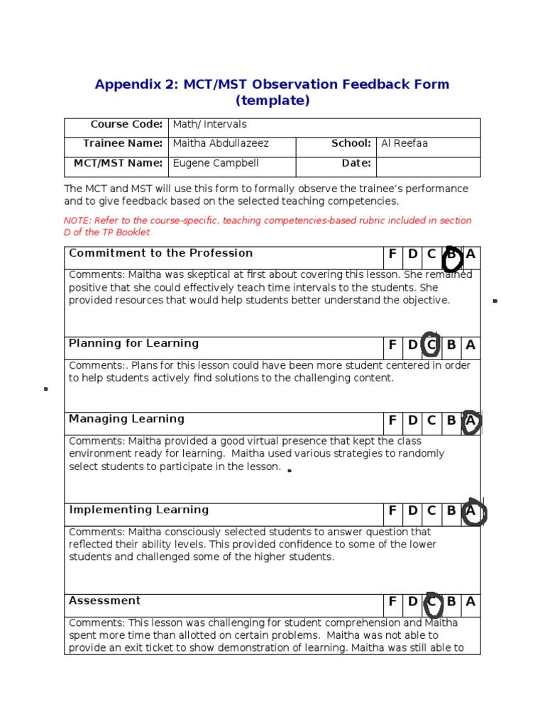 Appendix 2 Feedback Observation (Intervals) | PDF | Business | Social ...