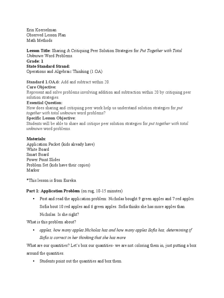 Lesson Title: Sharing & Critiquing Peer Solution Strategies For Put ...