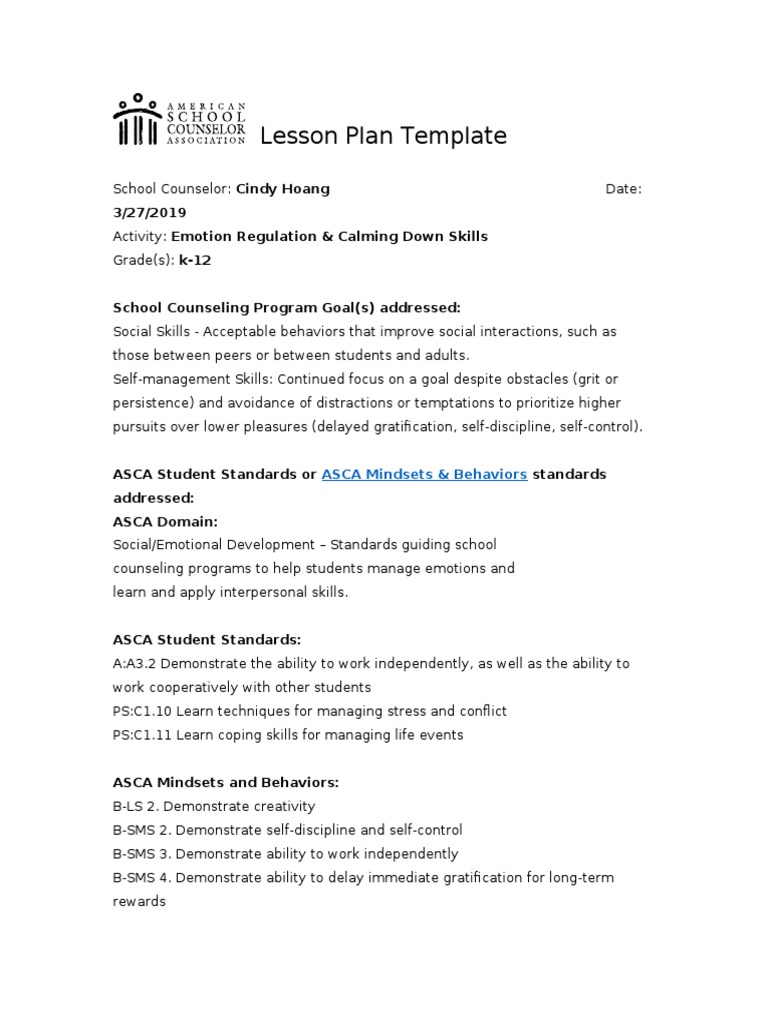 Lesson Plan Template: ASCA Mindsets & Behaviors | Download Free PDF ...