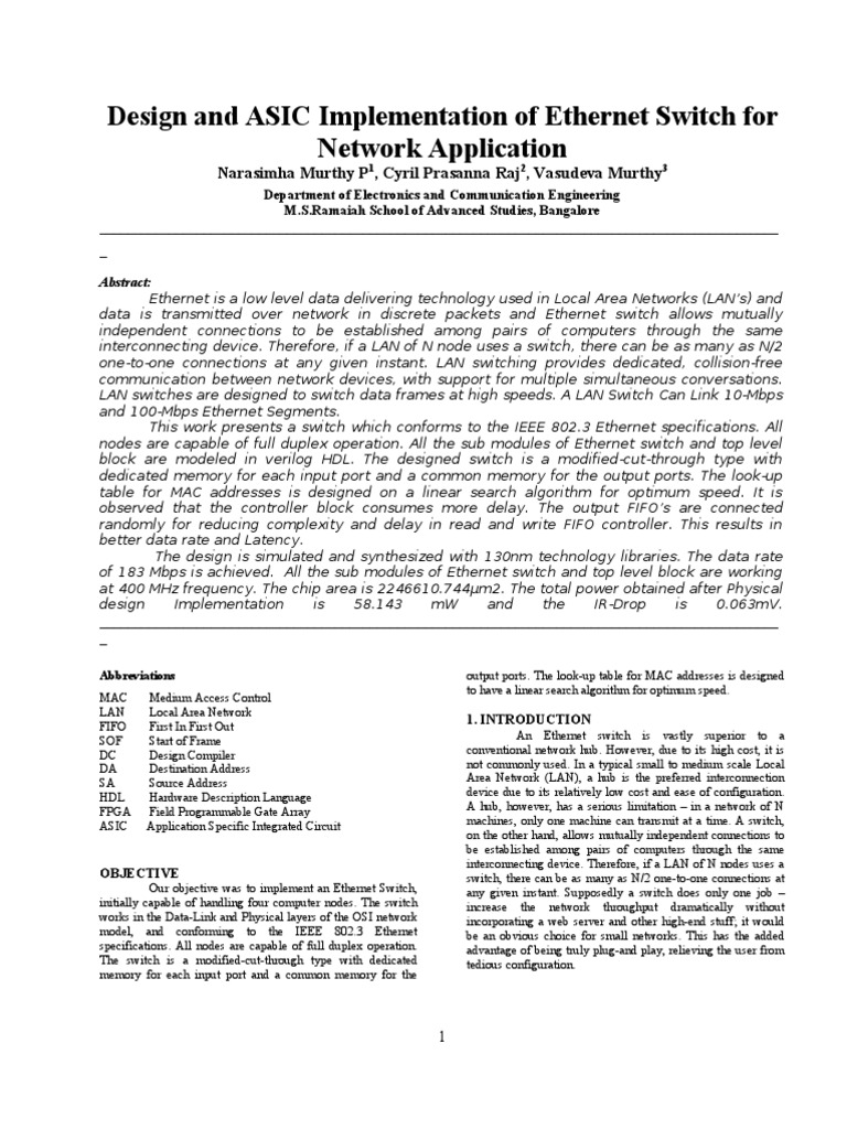 Design and ASIC Implementation of Ethernet Switch For Network ...