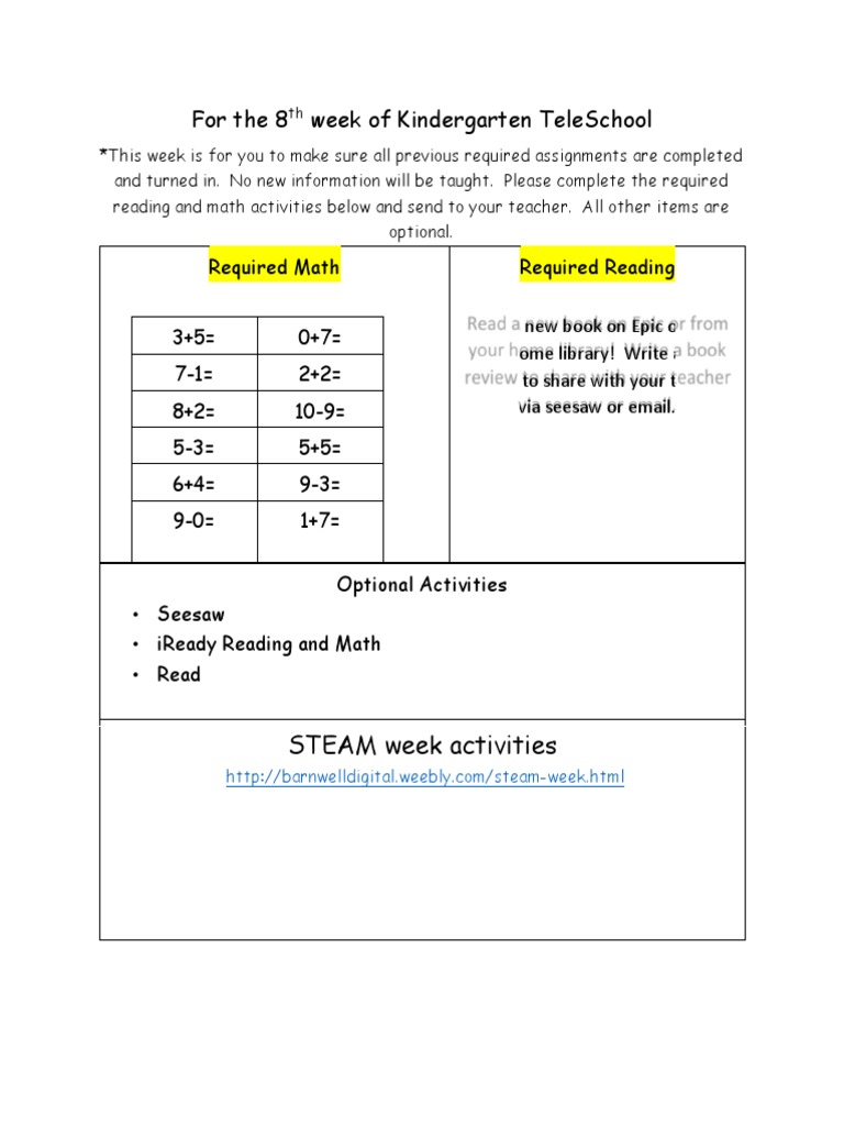 Kindergarten Week 8 Teleschool | PDF