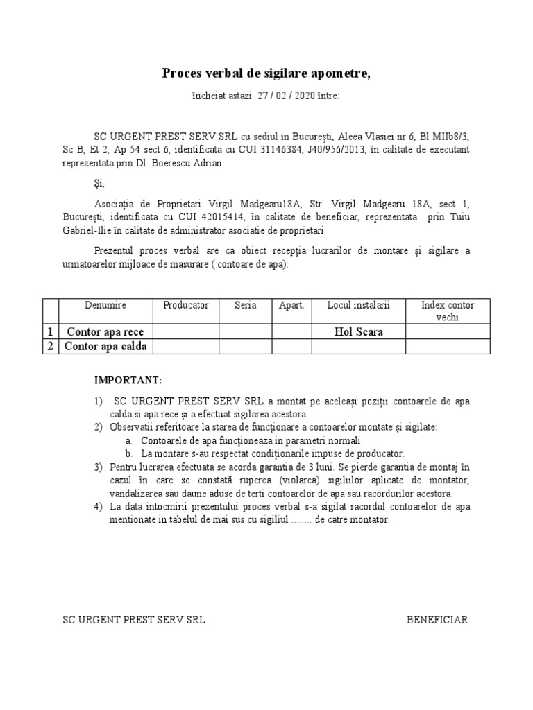 Proces Verbal de Sigilare Apometre | PDF
