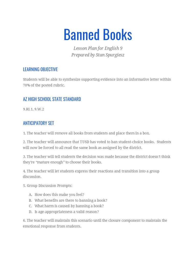 Banned Books Lesson Plan for High School | PDF | Lesson Plan | Teachers