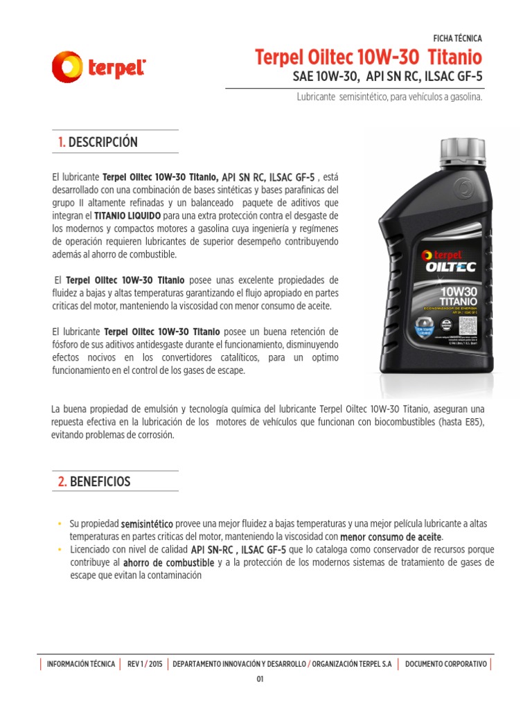 Terpel Oiltec 10W 30 Titanio 2015 | PDF | Lubricante | Titanio