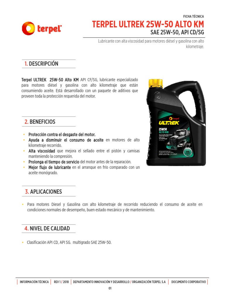 Terpel Ultrek 25W50 Alto KM 2018 | PDF | Lubricante | Motor diesel