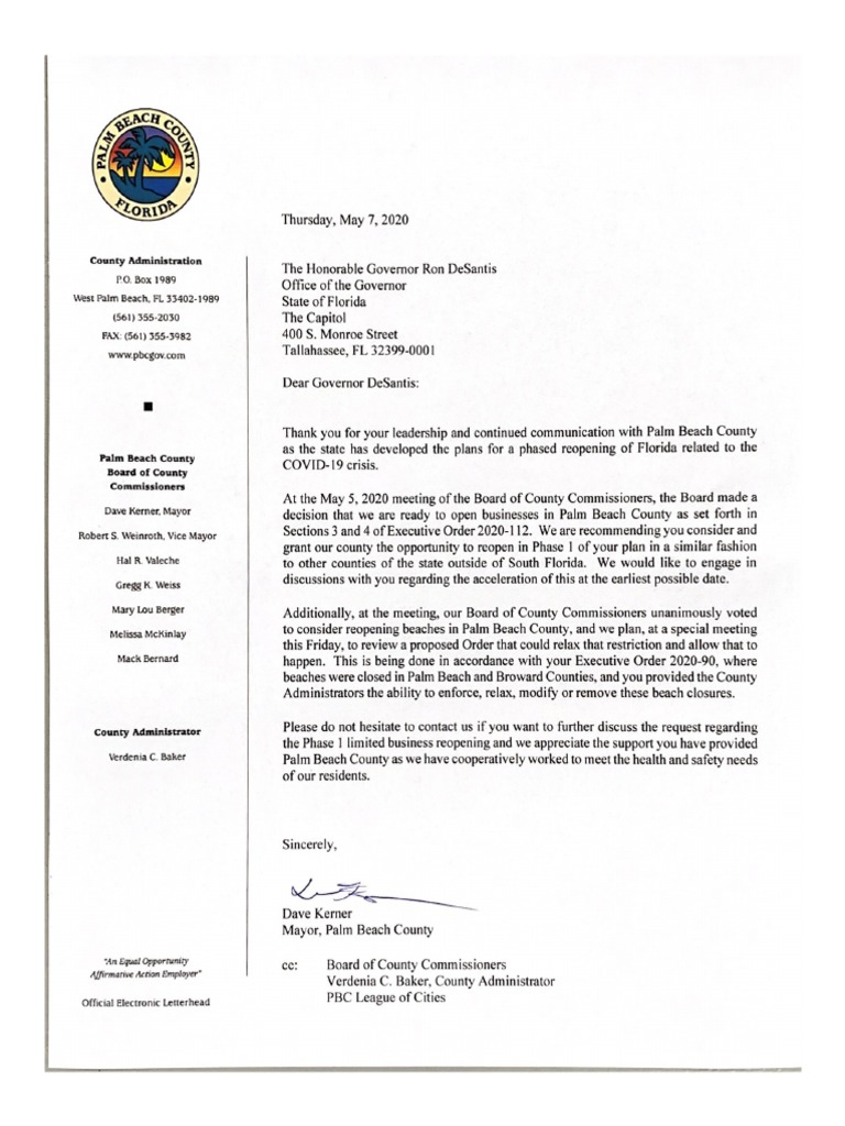 Palm Beach County Letter To Gov. Ron DeSantis | PDF