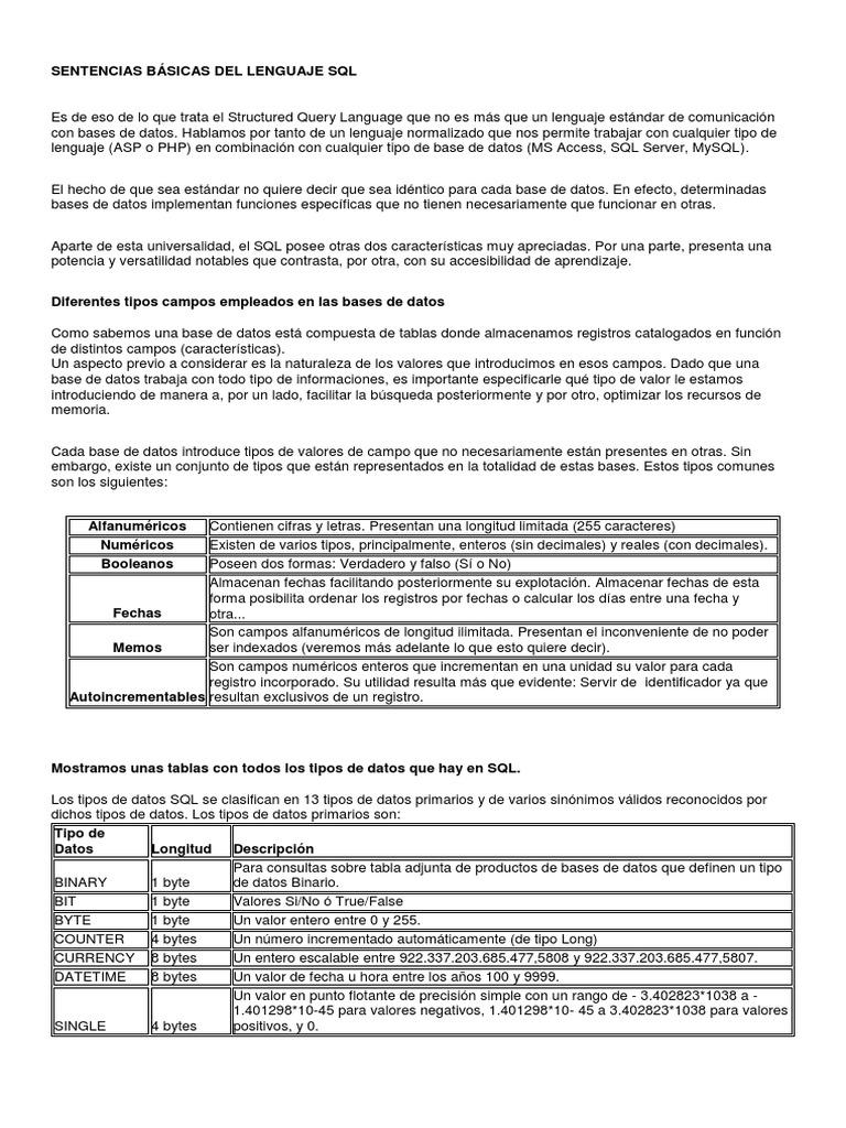 Sentencias Basicas Del Lenguaje SQL | Descargar gratis PDF | SQL ...