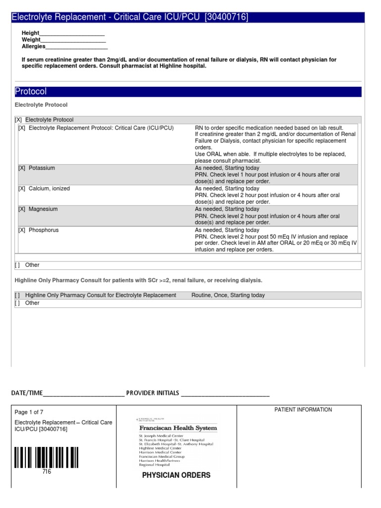 Electrolyte Replacement - Critical Care ICU/PCU (30400716) | PDF ...