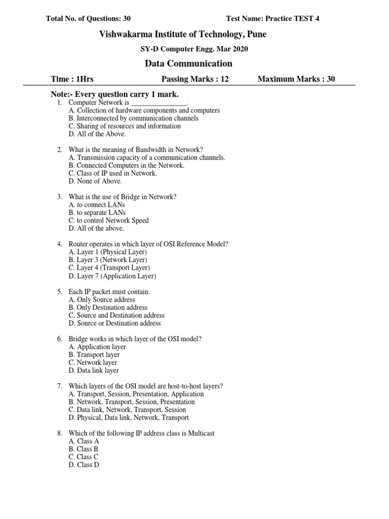 Data Communication Test 4 | PDF | Internet Protocol Suite | Computer ...