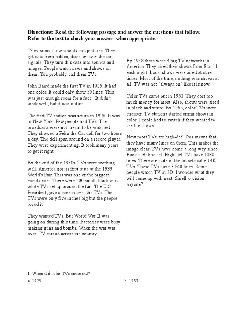 Reading Comprehension Worksheet | PDF | Television | Media Formats