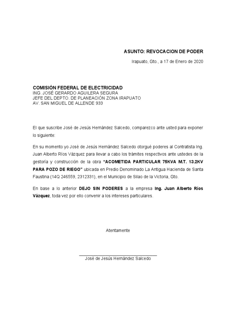 Carta Revocacion Poder Jose de Jesus Hernandez | PDF