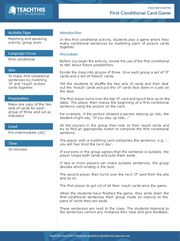 First Conditional Card Game: Activity Type | PDF | English As A Second ...