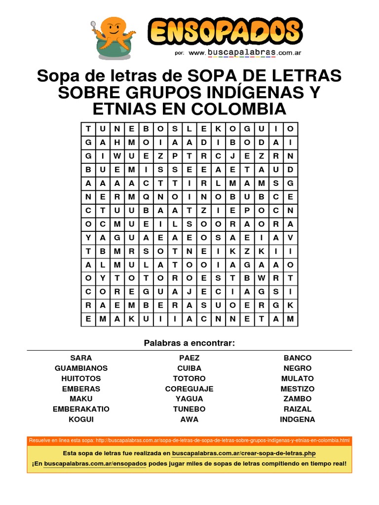 Sopa de Letras de Sopa de Letras Sobre Grupos Indígenas y Etnias en ...