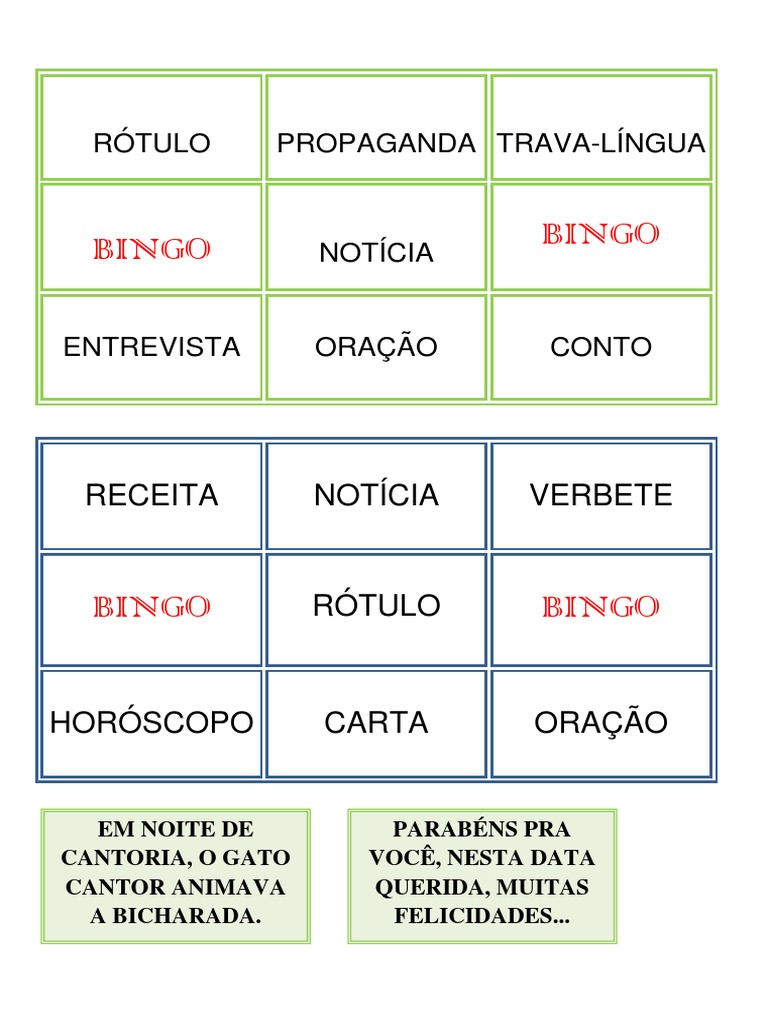 Cartelas para imprimir em pdf do bingo dos gêneros textuais - ENSINANDO COM CARINHO ...
