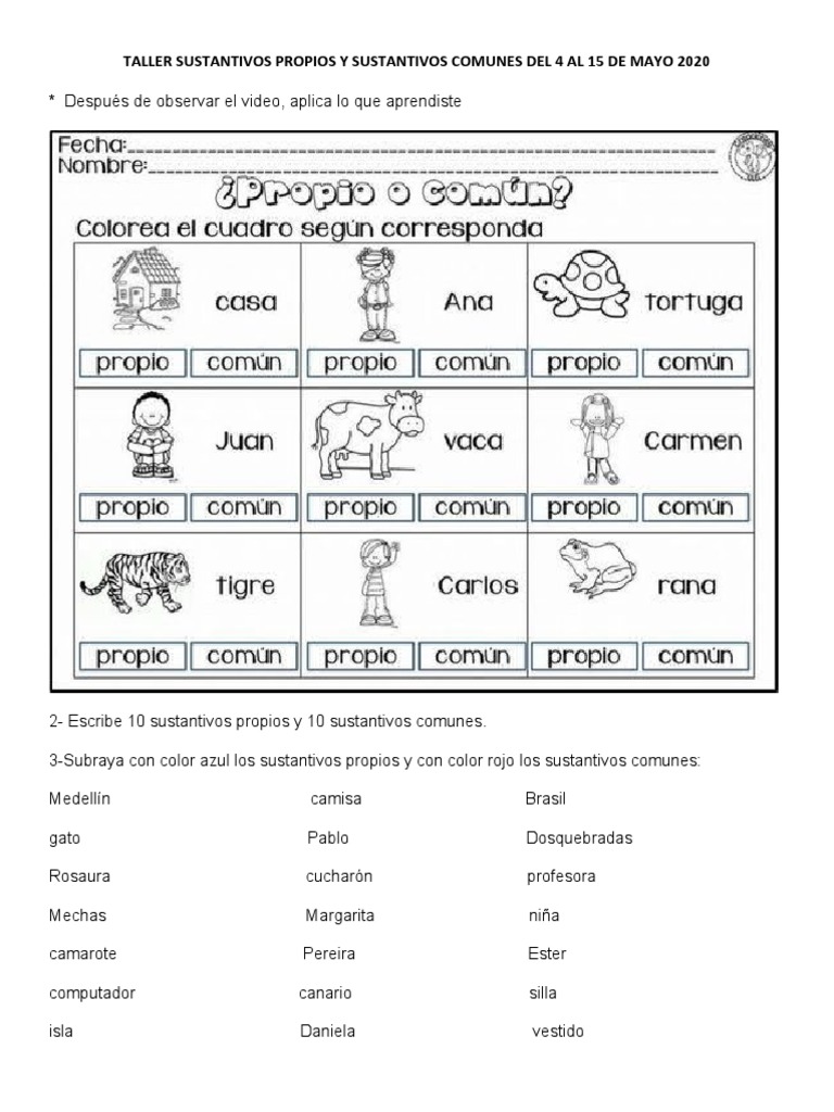 Hoja De Trabajo De Sustantivos Comunes O Propios