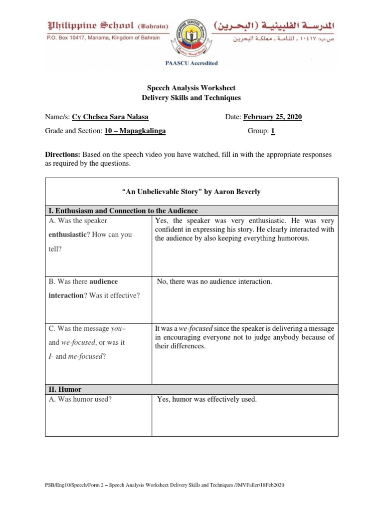 Speech Analysis Worksheet 2 - Delivery Skills and Techniques | PDF ...