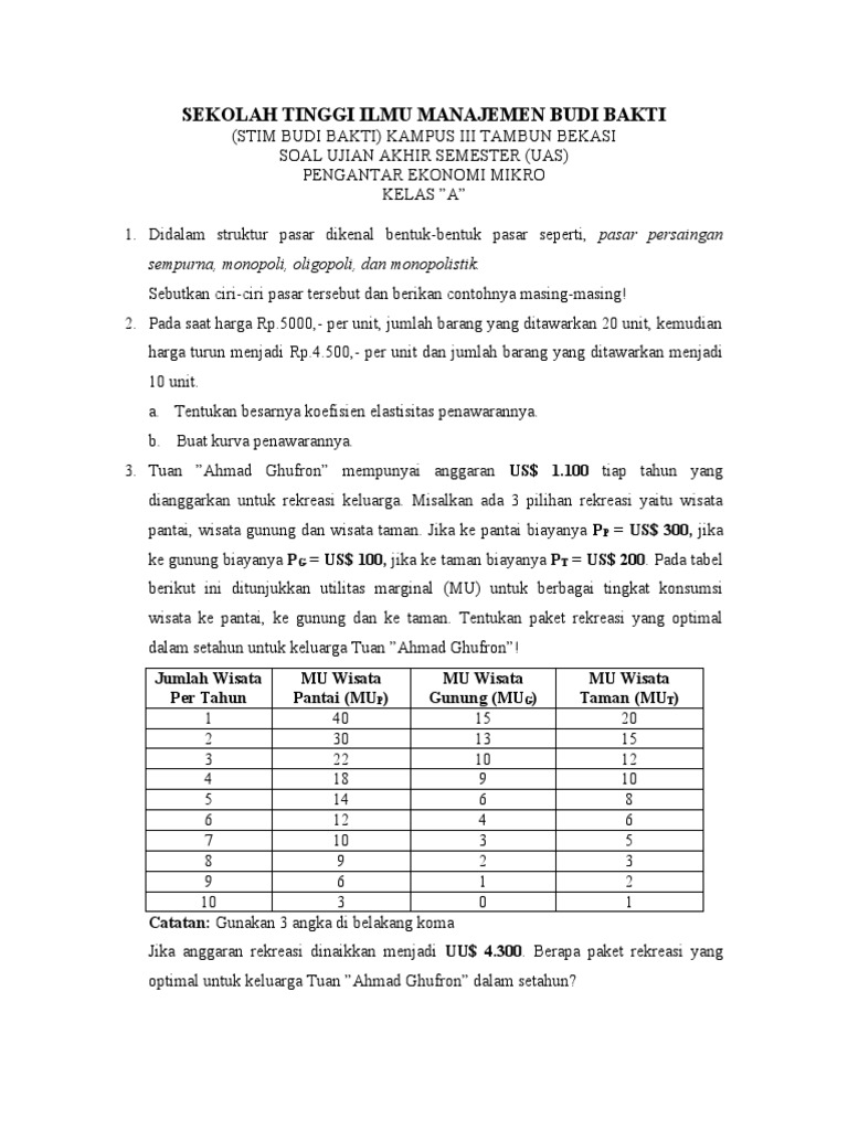 Soal Uas Pengantar Ekonomi Mikro Stim Budi Bakti Kelas A | PDF